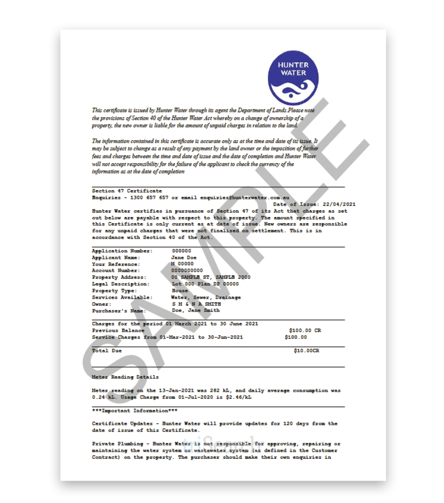 Hunter Water Certificate - triSearch